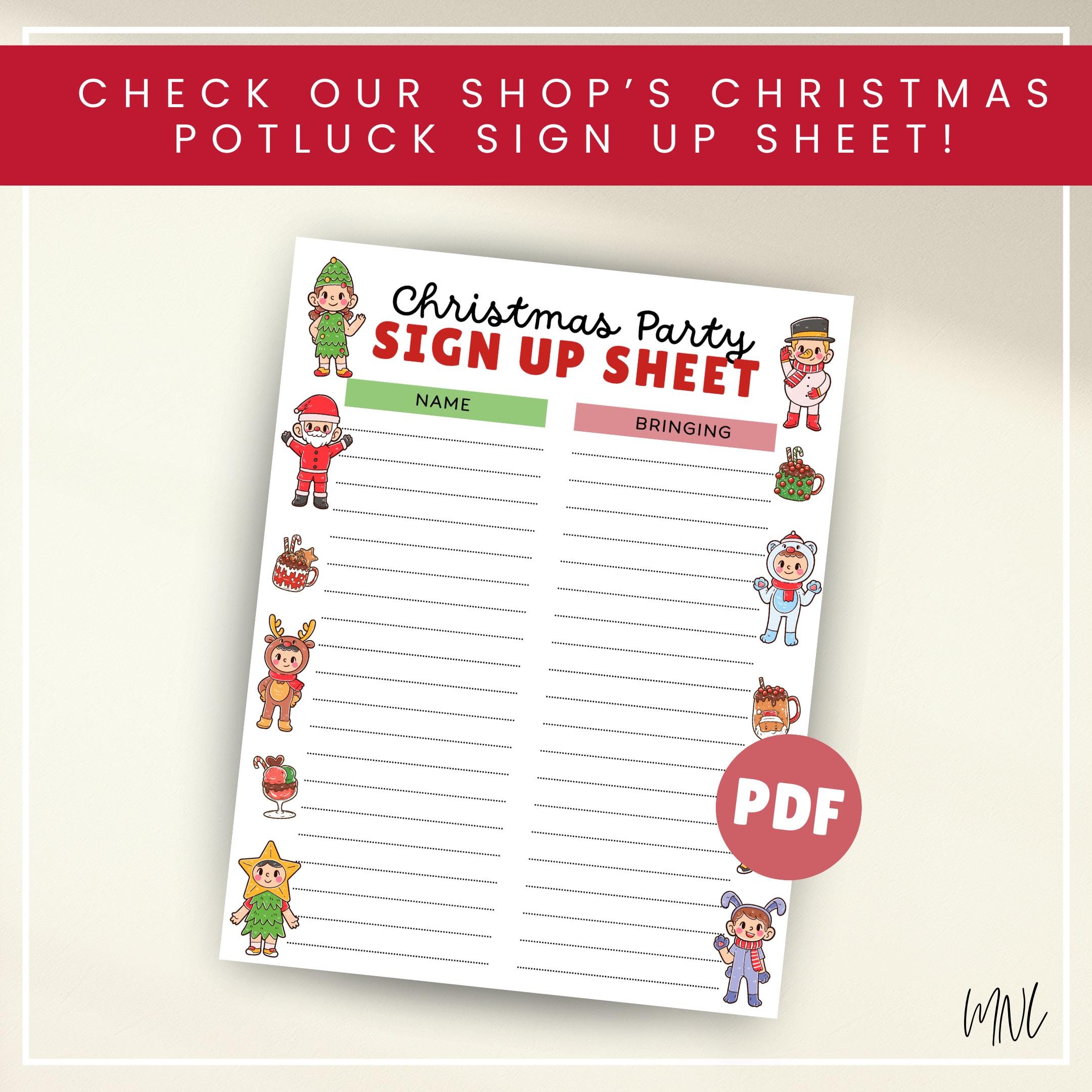 Christmas Potluck Sign up Sheet for Christmas Party, Printable ...