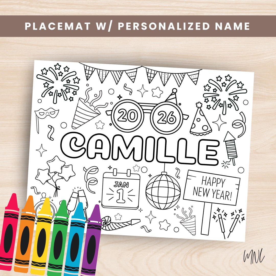 Happy New Year Coloring Placemat, Printable New Year Placemat W/ Custom ...