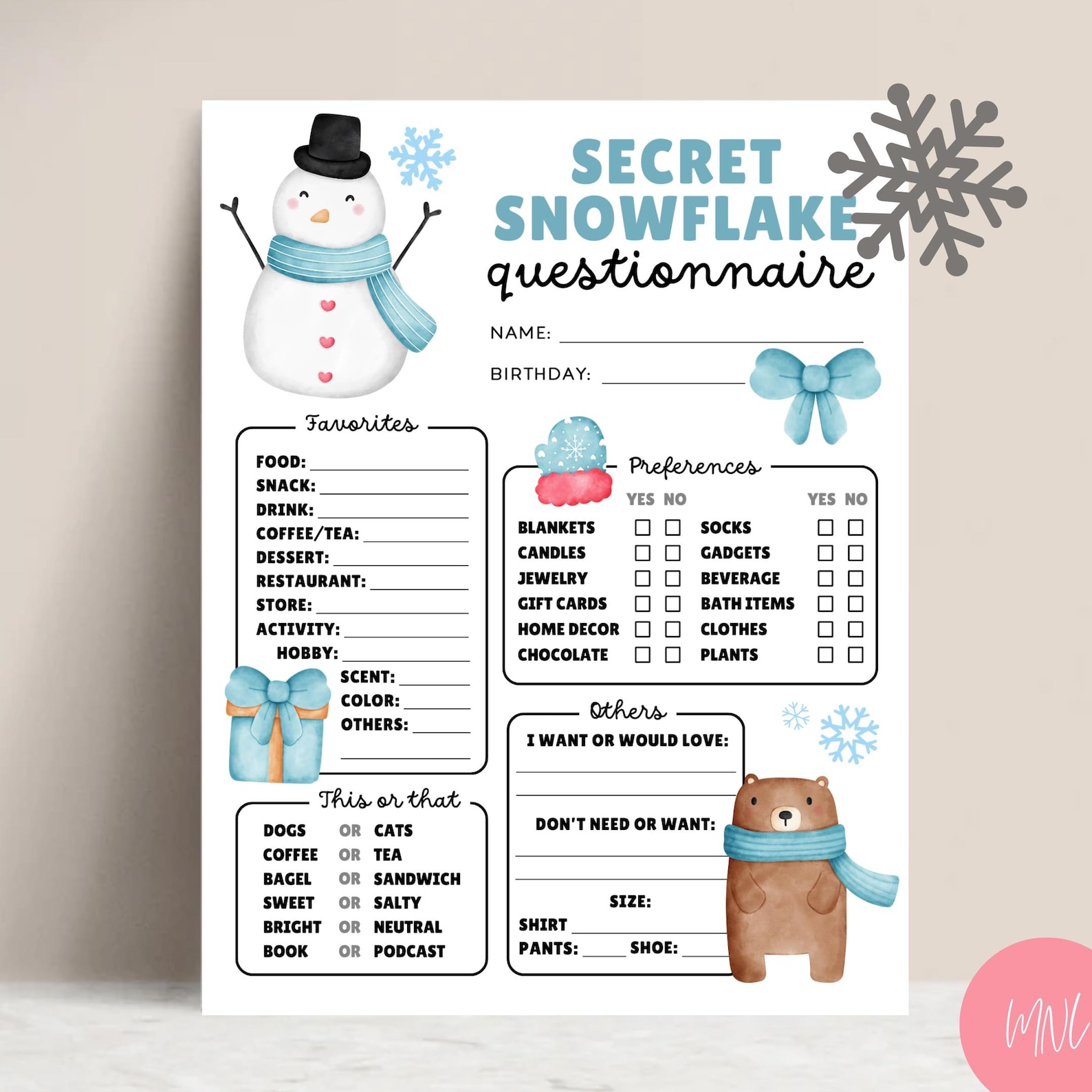 Secret Snowflake Questionnaire for Christmas Party Work Gift Exchange ...