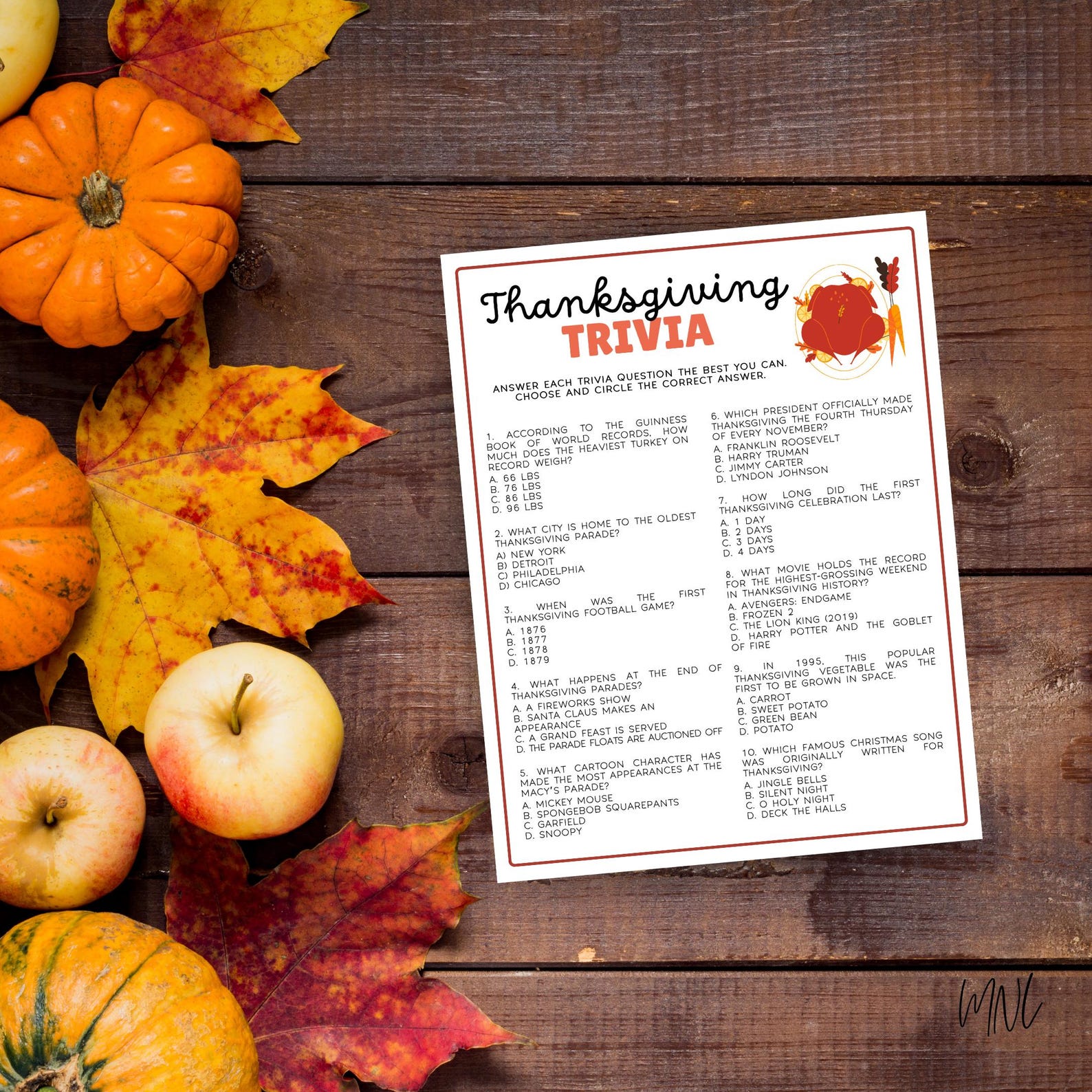 Thanksgiving Trivia Game for Thanksgiving Party, Printable Thanksgiving ...