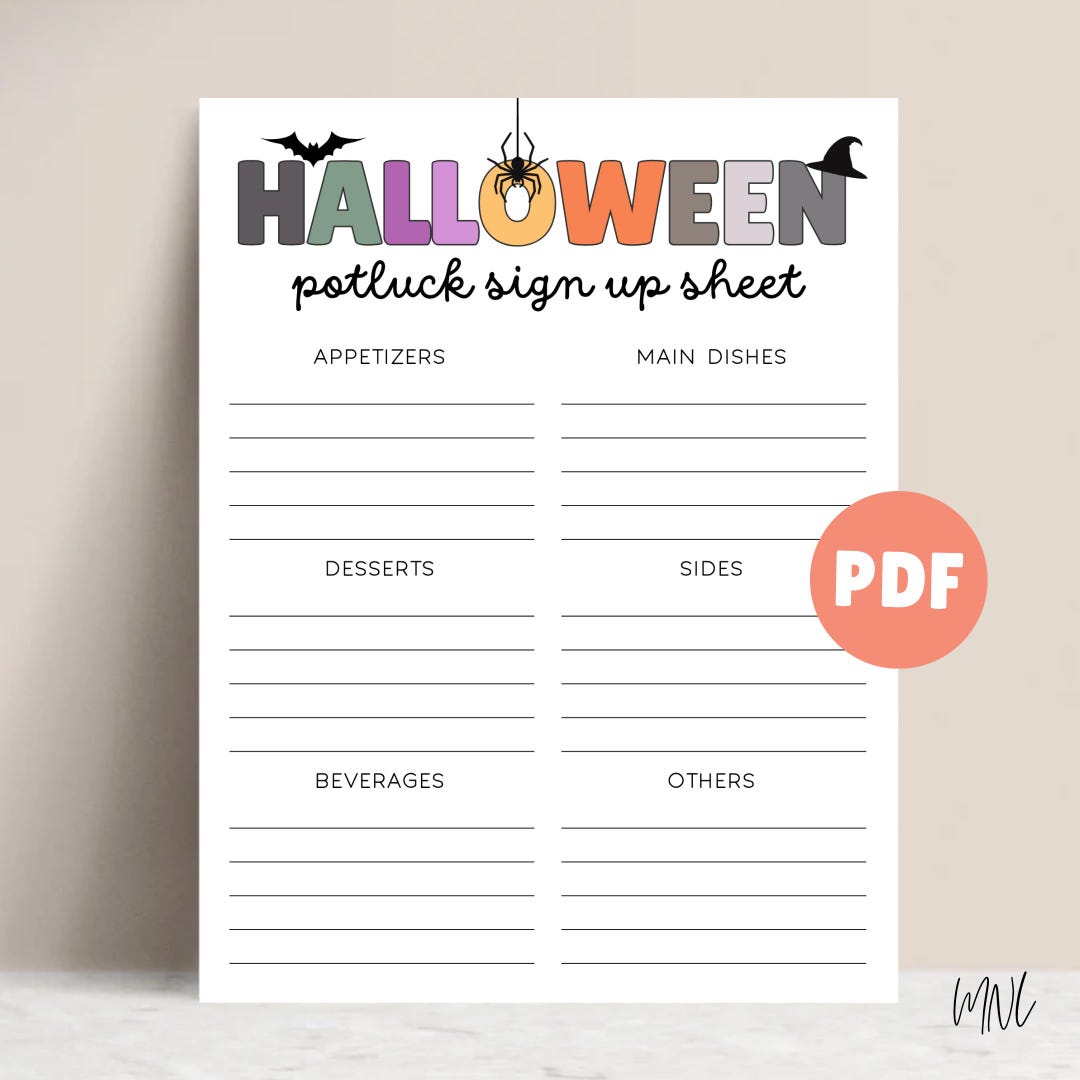 Halloween Potluck Sign up Sheet for Halloween Party, Printable ...