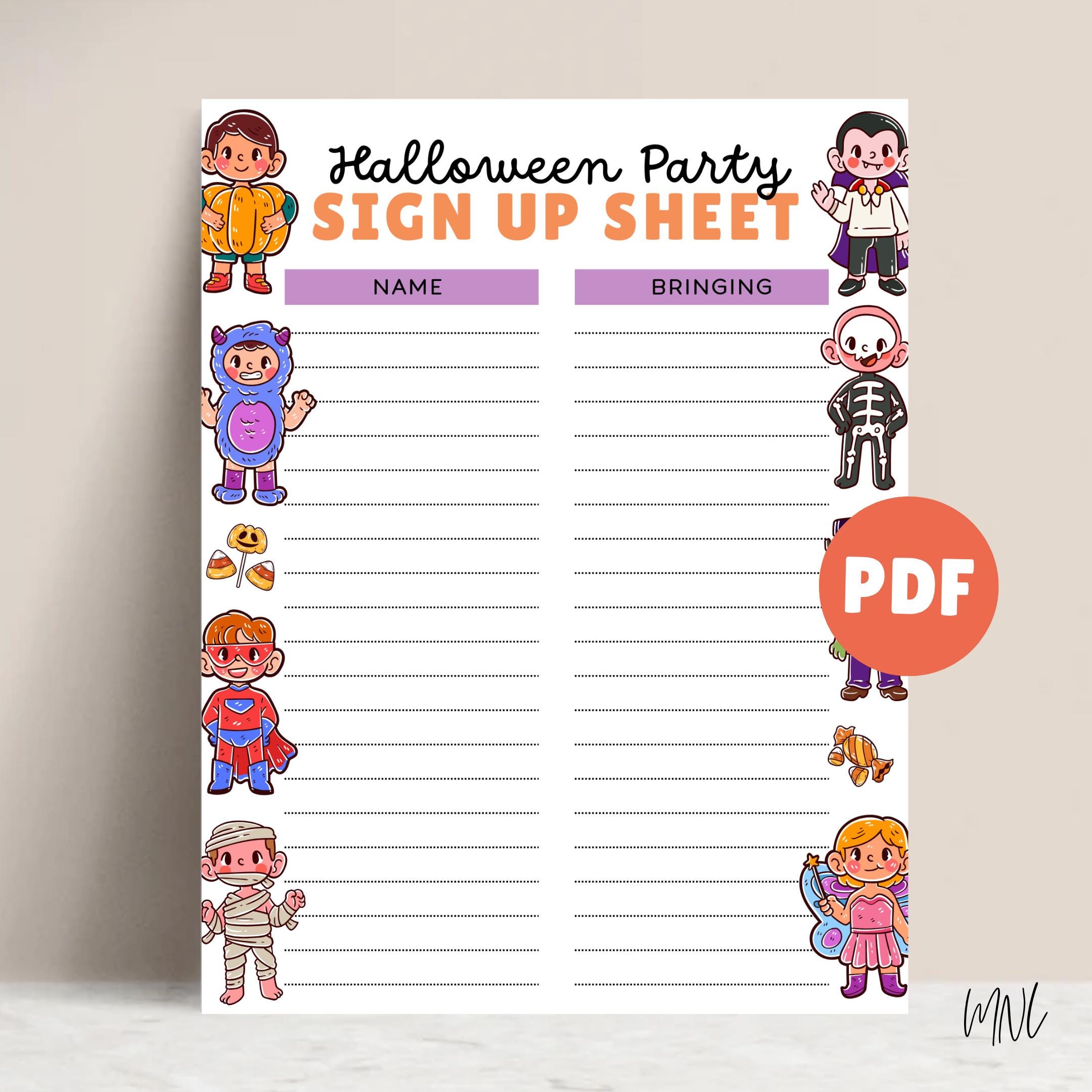 Halloween Potluck Sign up Sheet for Halloween Party, Printable ...
