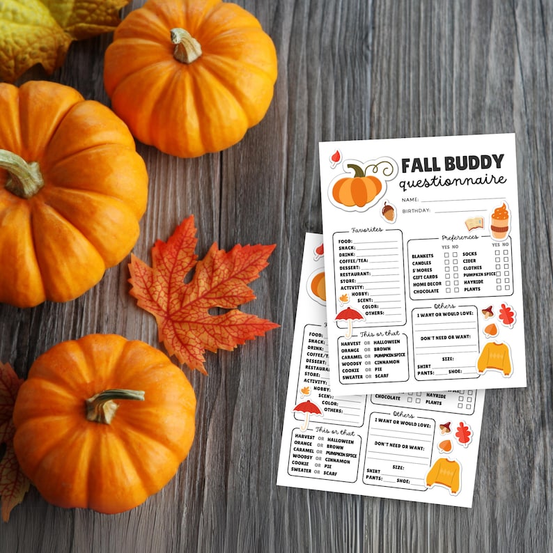 Fall Questionnaire for Fall Gift Exchange, Fall Buddy Questionnaire ...