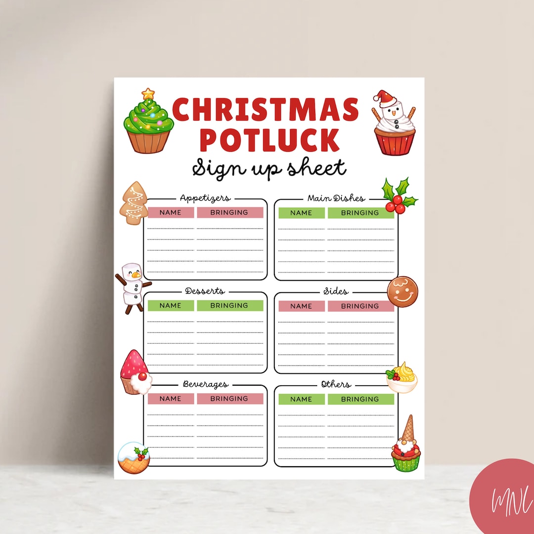 Christmas Potluck Sign up Sheet for Christmas Party, Printable ...
