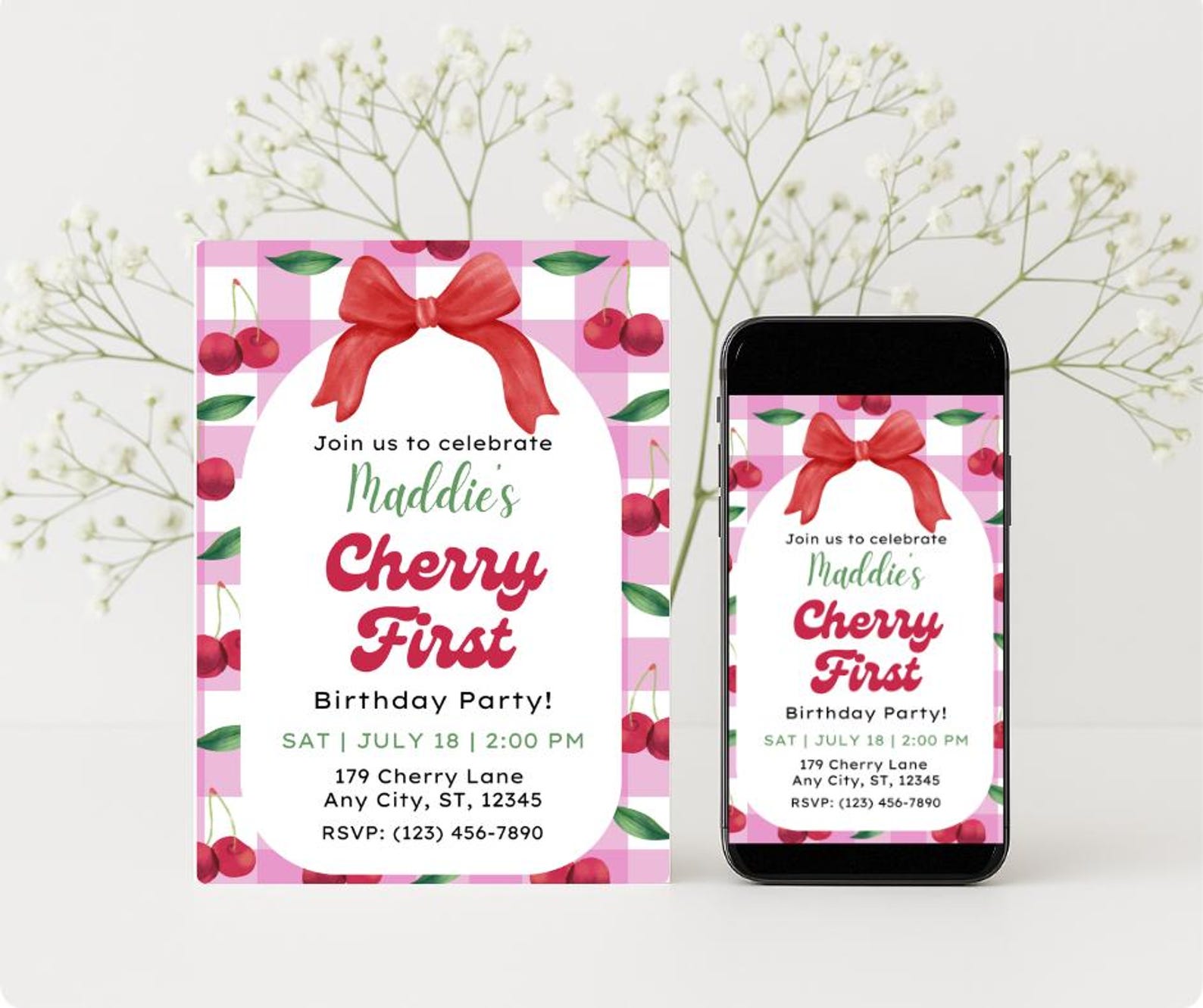 Cherry First Birthday Invitation | Girl Cherry Party Invite | Editable ...