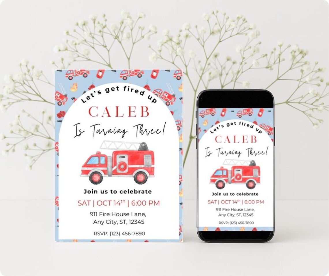 Fire Truck Birthday Invitation | Let's Get Fired up 3rd Birthday Invite ...