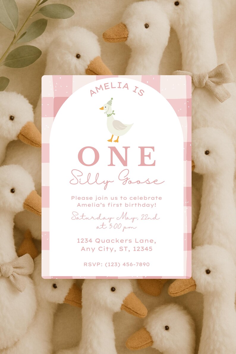 One Silly Goose First Birthday Invitation Girl | Editable Goose ...