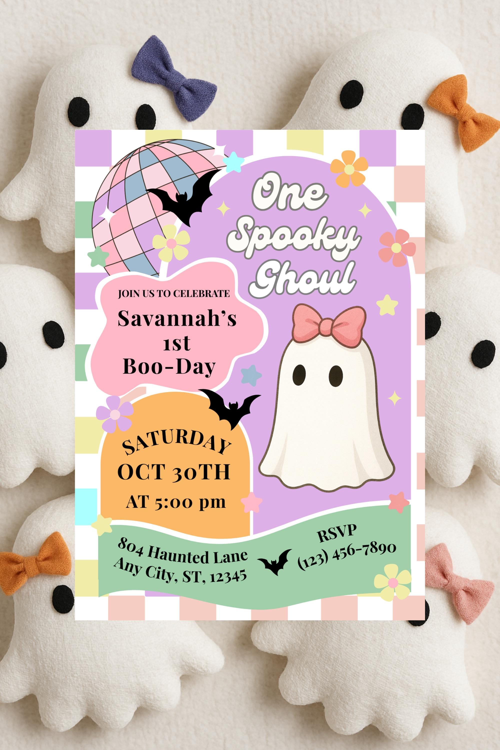 One Spooky Ghoul First Birthday Invitation, Retro 70s Ghost Digital ...