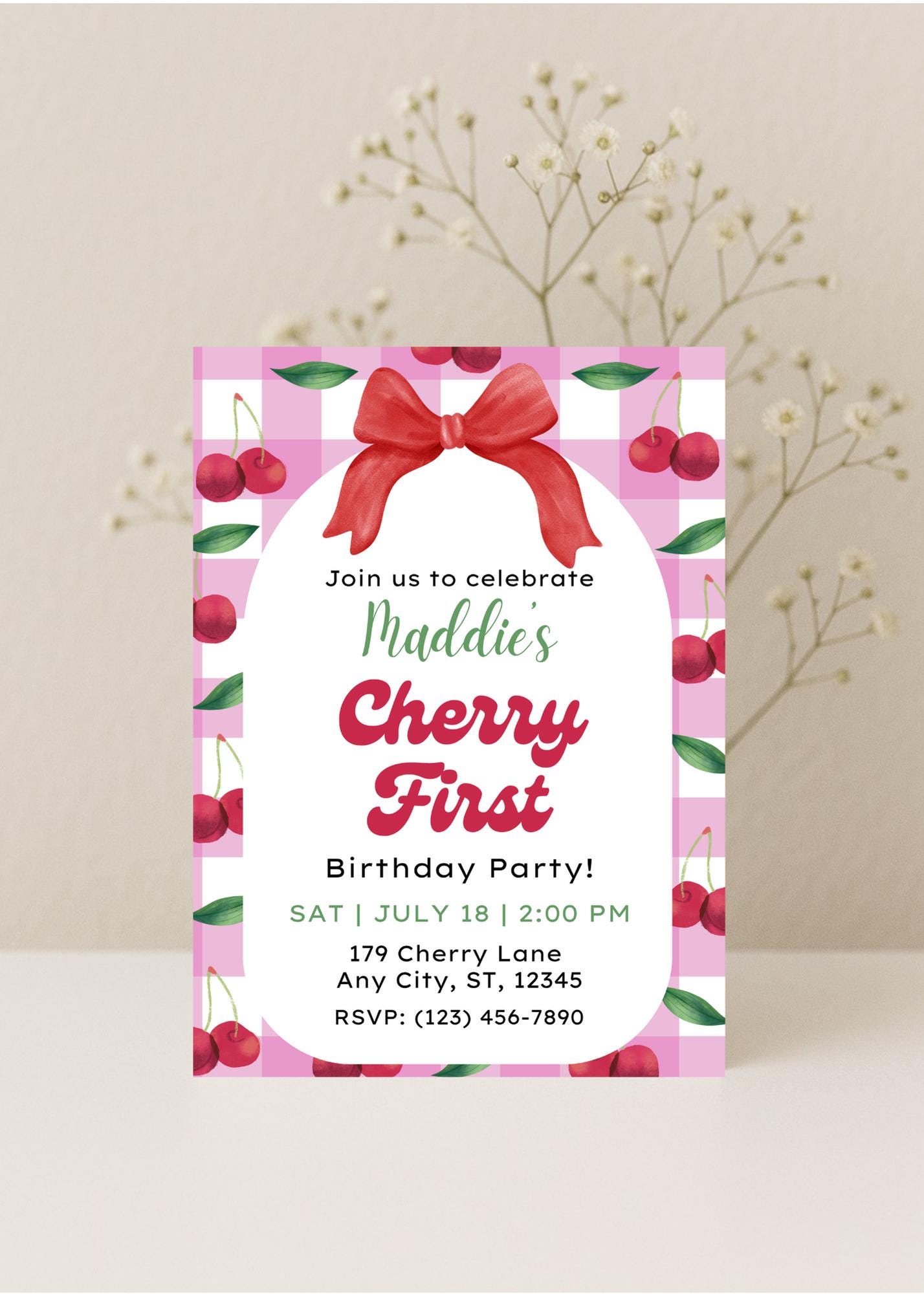 Cherry First Birthday Invitation | Girl Cherry Party Invite | Editable ...