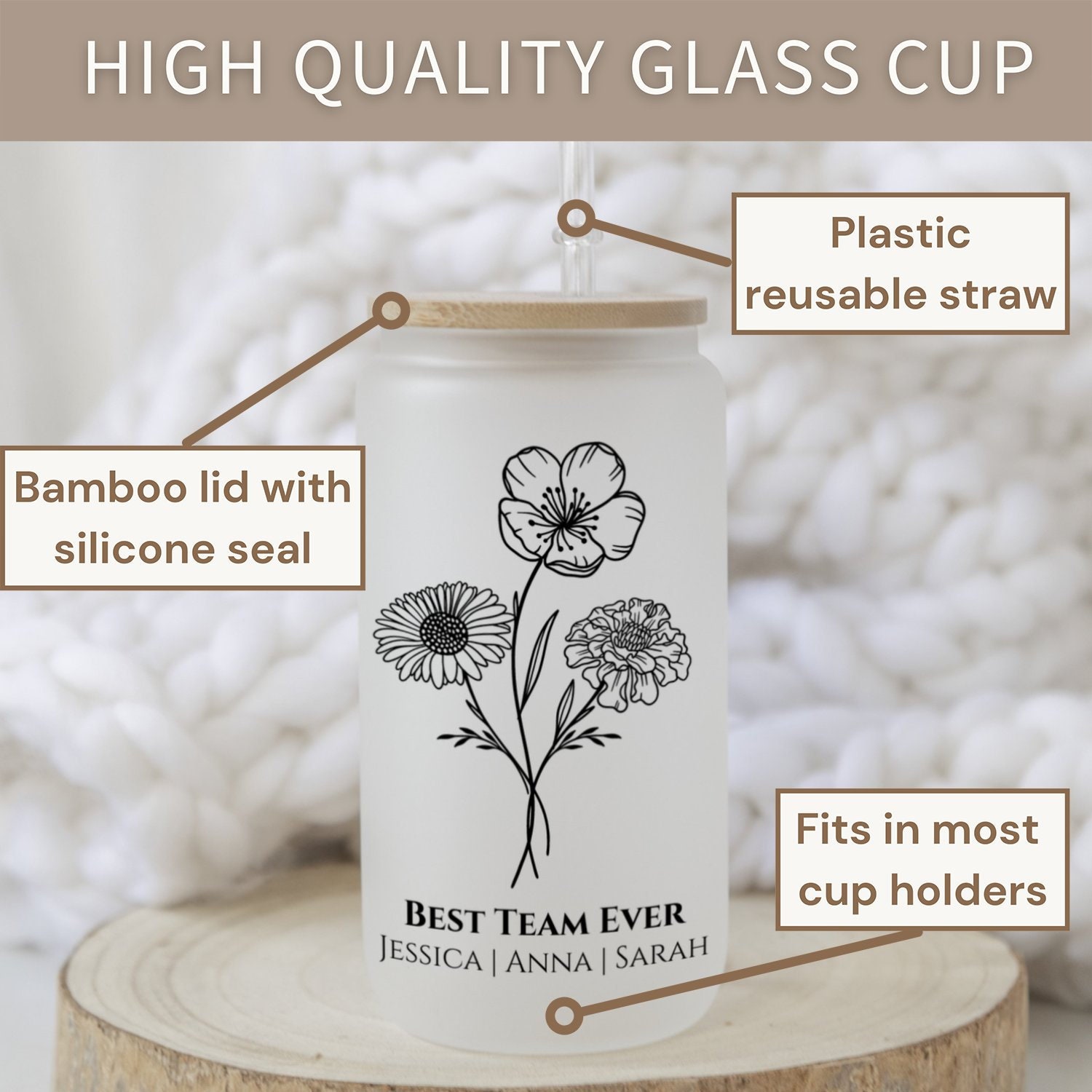 Best Team Ever Glass Cup, Personalized Birth Month Flower Bouquet Iced ...