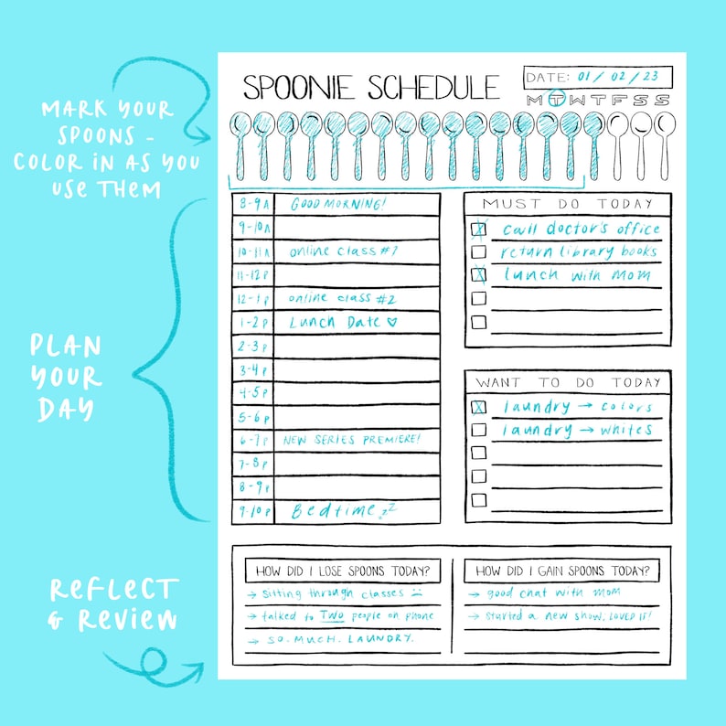 Spoonie Resources, Daily Schedule/planner, Reflection Log, Spoon Theory ...