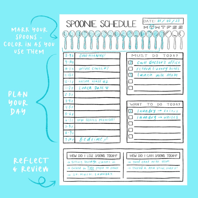 Spoonie Resources, Daily Schedule/planner, Reflection Log, Spoon Theory ...