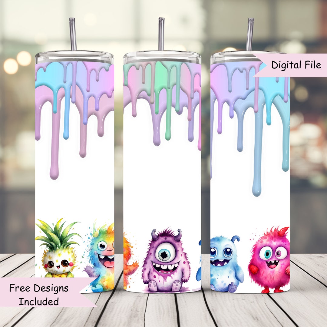 Cute Watercolor Monster Drip Tumbler Wrap Sublimation PNG 20oz & 30oz ...