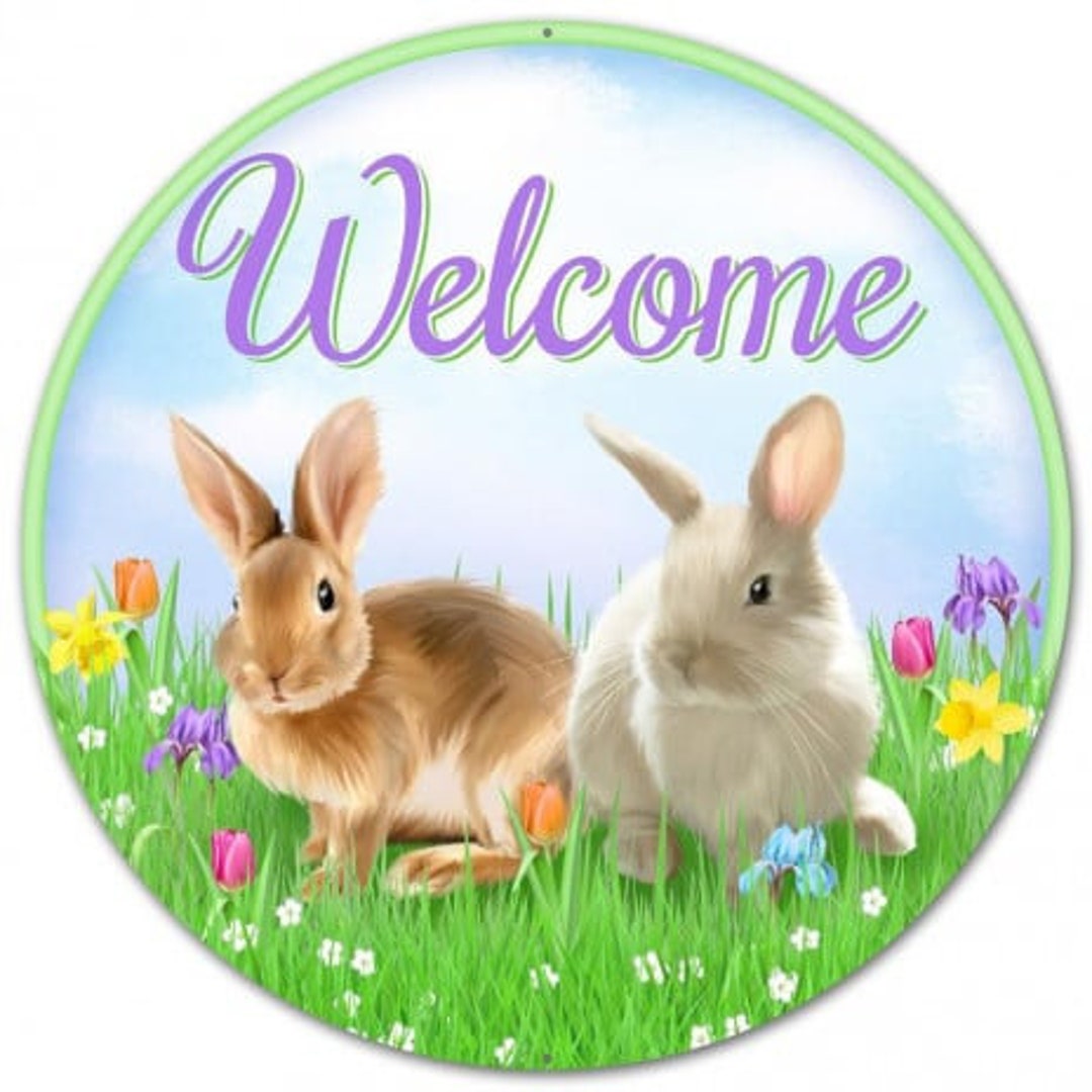 12" Spring Metal Sign: Welcome With Bunnies - Etsy