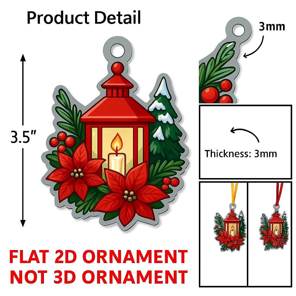 2D FLAT Red Christmas Lantern Centerpiece Ornament , Poinsettia Winter ...