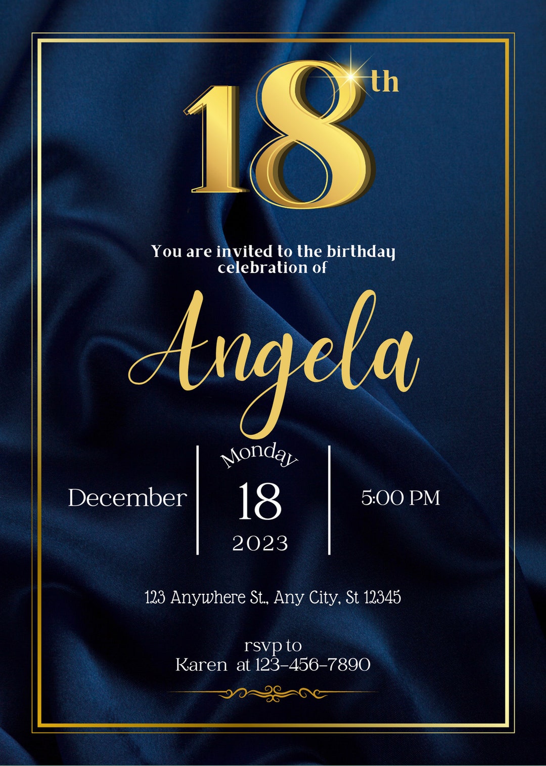 18th Birthday Invitation Card Template Royal Blue Editable - Etsy