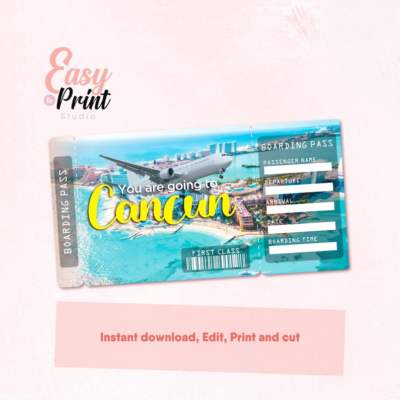 Editable Cancun Boarding Pass Printable Personalized DIY Airline Ticket ...