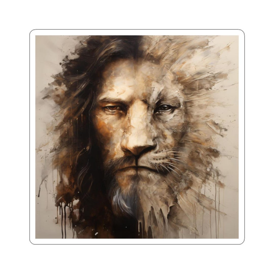 Christian Sticker, Split Face Lion and Jesus Christ Abstract Painting ...