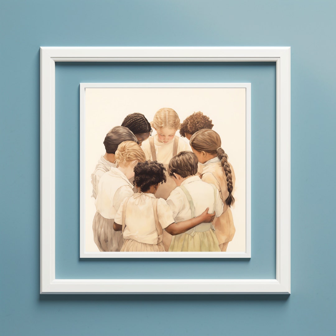 Children's Prayer Circle Digital Print, Christian Pencil Sketch Style ...