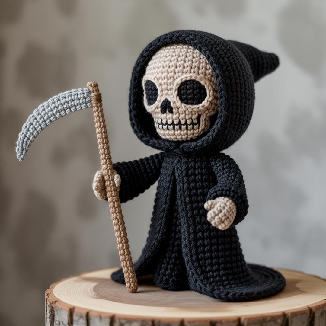 Grim Reaper Crochet Doll – Halloween Amigurumi Skeleton Plush, Handmade ...