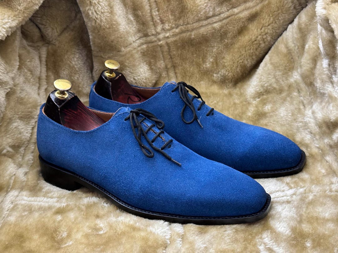 Men's Handmade Pure Suede Leather Whole Cut Blue Color Formal Shoes for ...