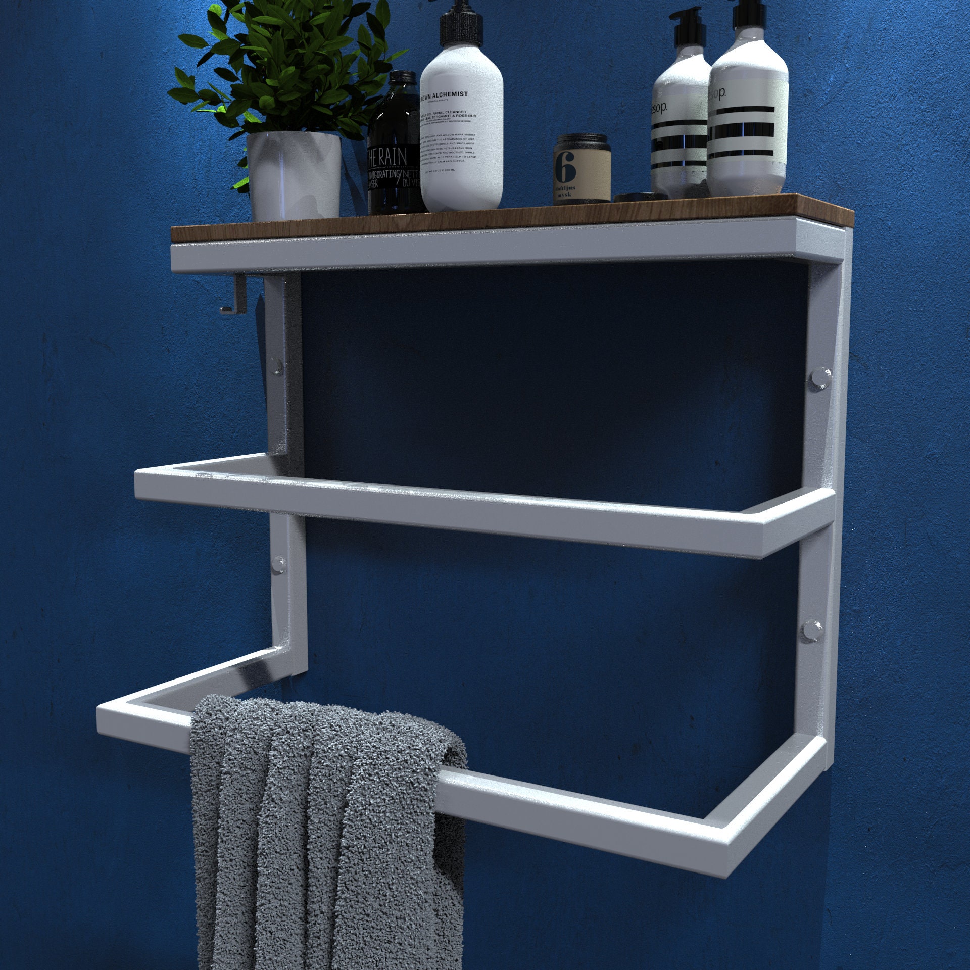 Modern Bathroom Towel Rack With Shelf, Select Size & Wood Finish, Wall ...