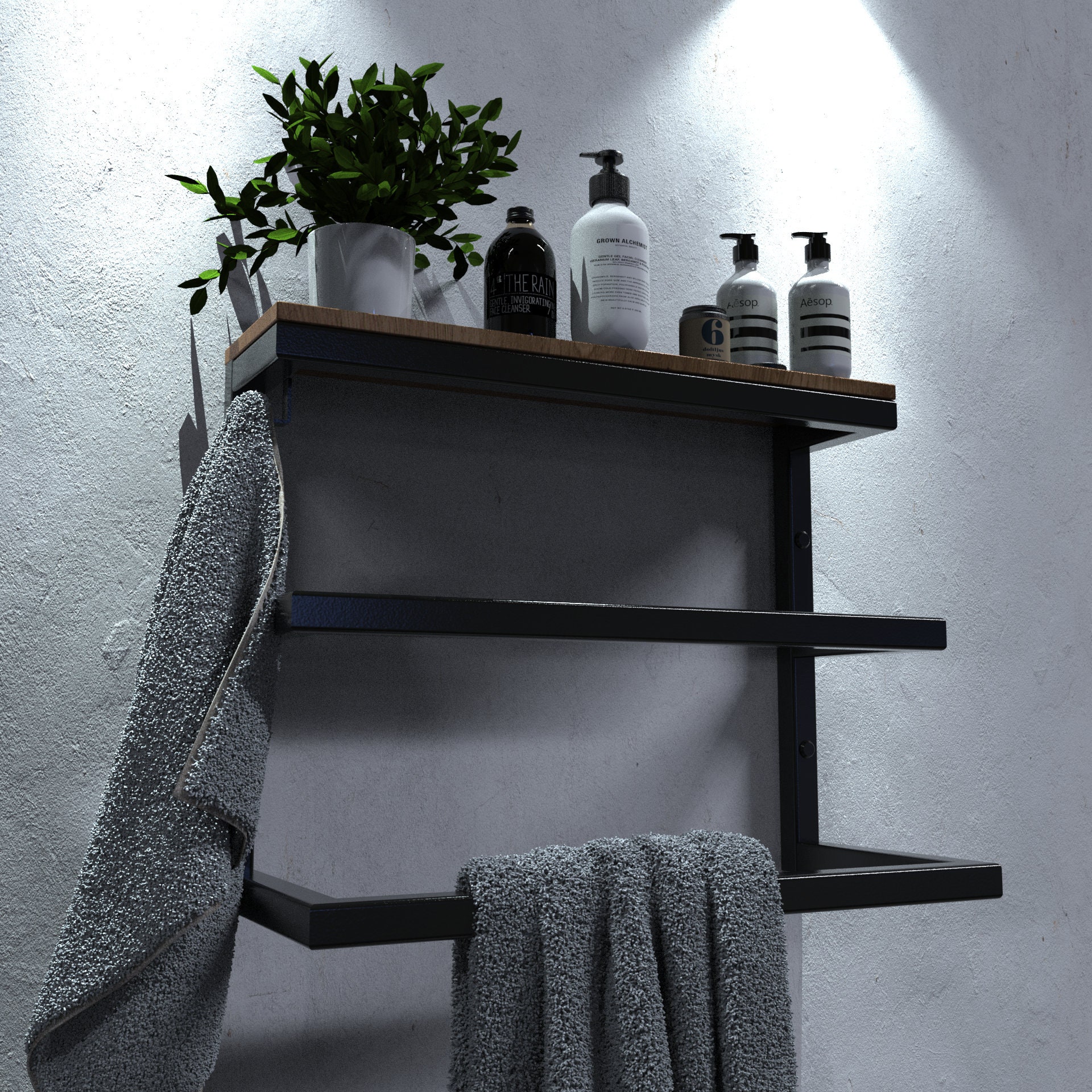 Modern Bathroom Towel Rack With Shelf, Select Size & Wood Finish, Wall ...