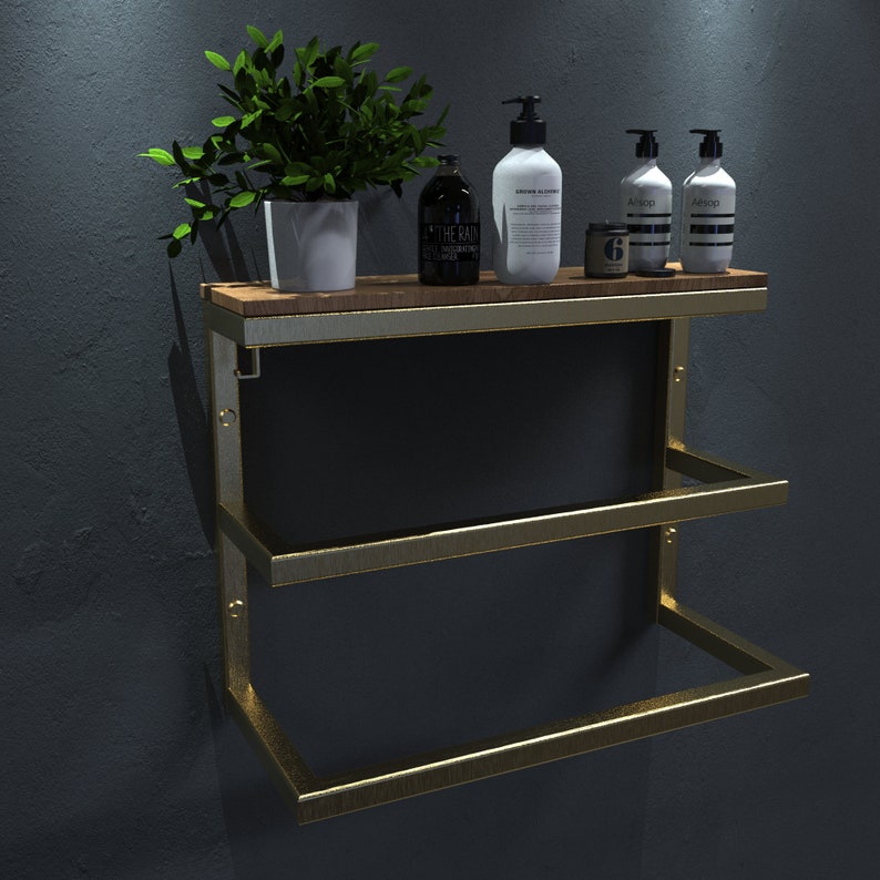 Modern Bathroom Towel Rack With Shelf, Select Size & Wood Finish, Wall ...