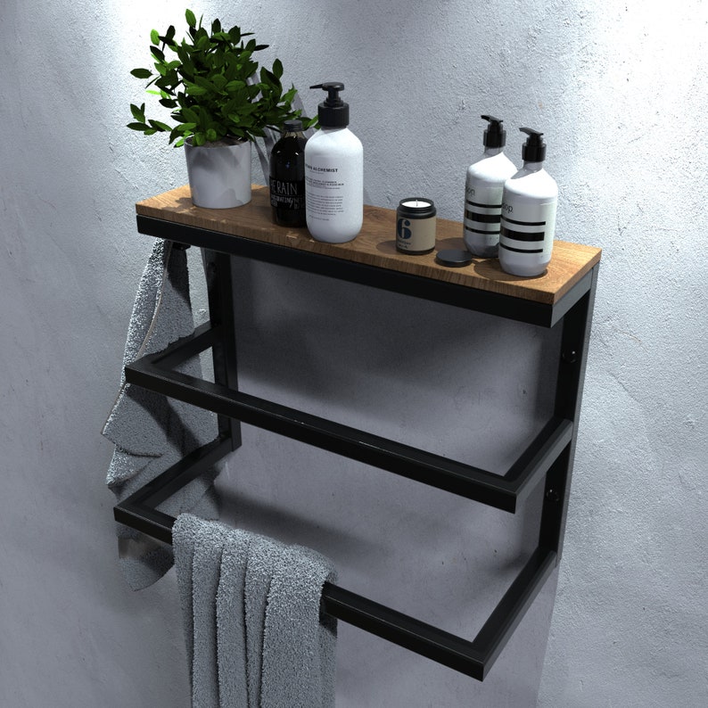 Modern Bathroom Towel Rack With Shelf, Select Size & Wood Finish, Wall ...