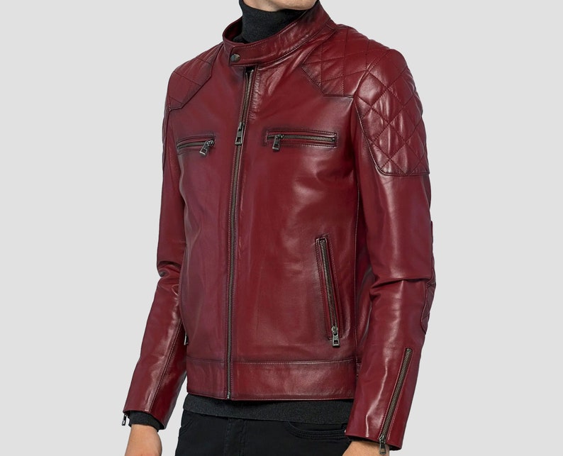 Men's Red Real Leather Motorcycle Jacket, Men Burgundy Biker Leather ...