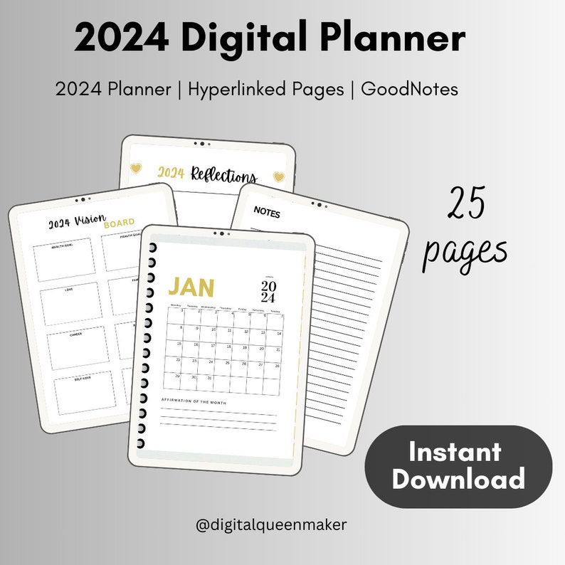 2024 Digital Planner Hyperlinked Dated Good Notes Download PDF Vision ...