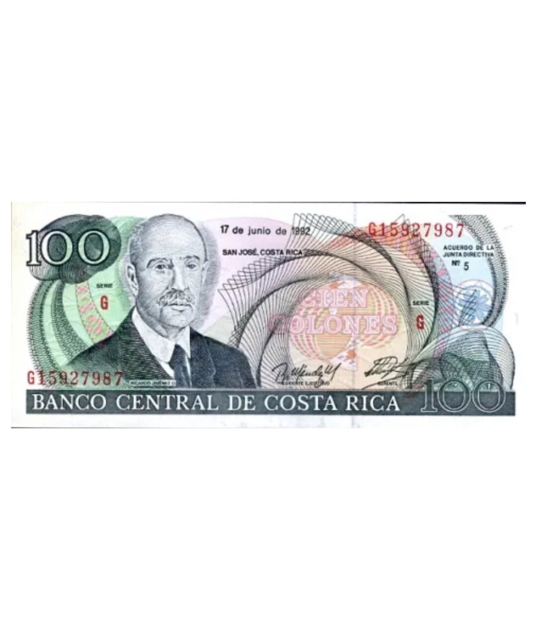 1992 Billete de 100 Colones de Costa Rica. Billete único de cien ...
