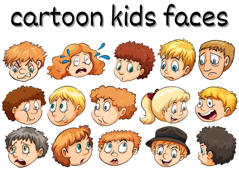 Cute Cartoon Kids Faces With Different Emotion, Children Png Clipart ...