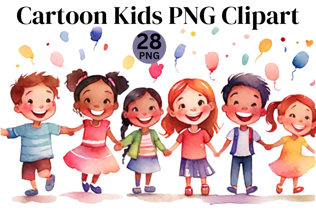 Cartoon Kids PNG Clipart. Four Cute Children Jumping With Joy, Happy ...