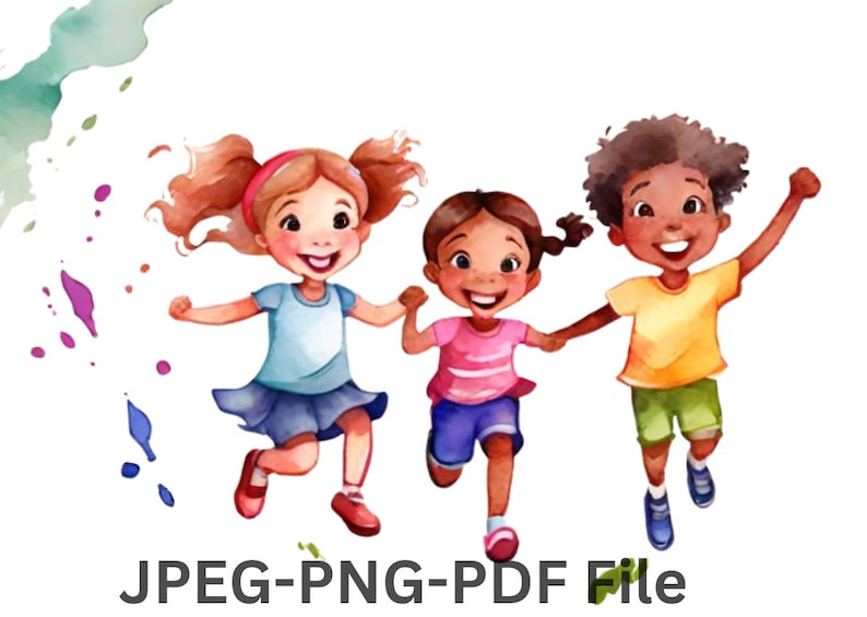 Cartoon Kids PNG Clipart. Four Cute Children Jumping With Joy, Happy ...