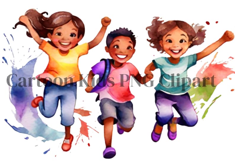 Cartoon Kids PNG Clipart. Four Cute Children Jumping With Joy, Happy ...
