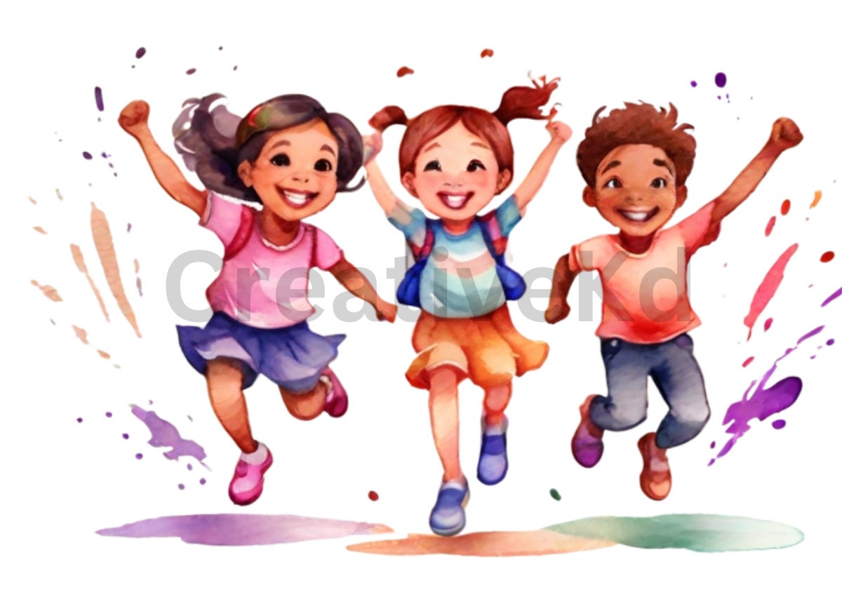 Cartoon Kids PNG Clipart. Four Cute Children Jumping With Joy, Happy ...