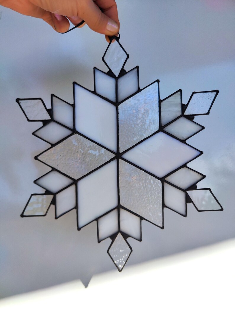 Set of 3 Modern Snowflake Stained Glass Suncatchers, Set of Iridescent ...