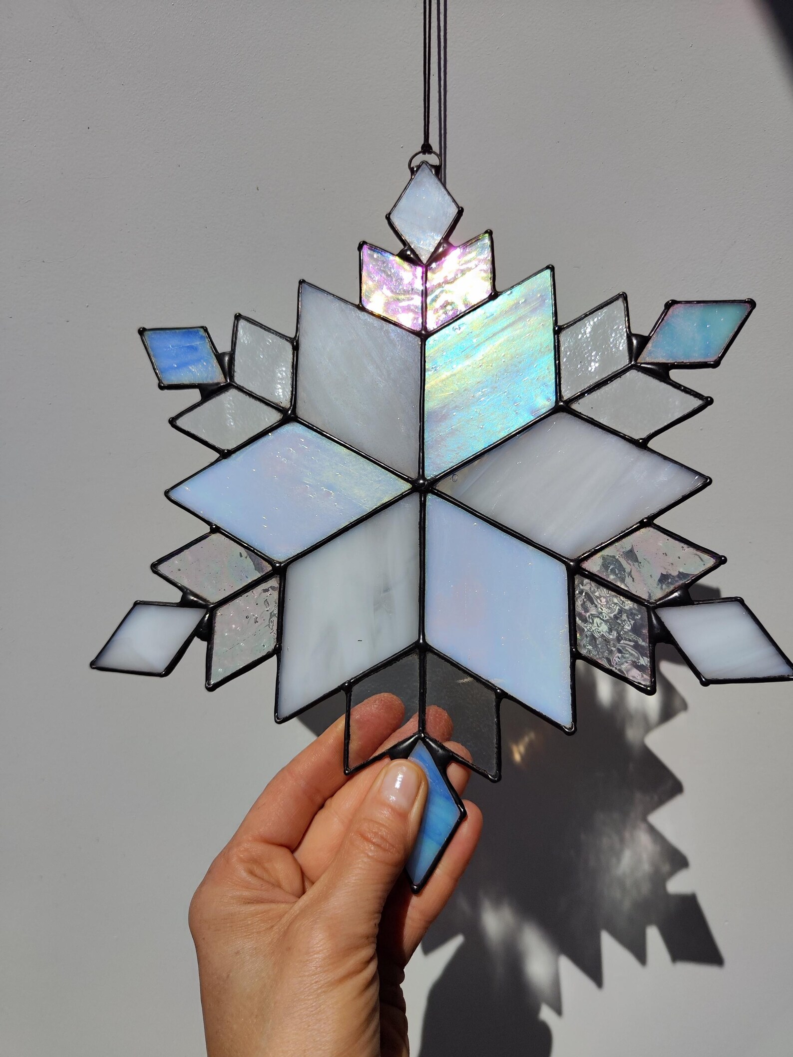 Stained Glass Snowflakes Set, 3 Iridescent Winter Suncatchers, Holiday ...