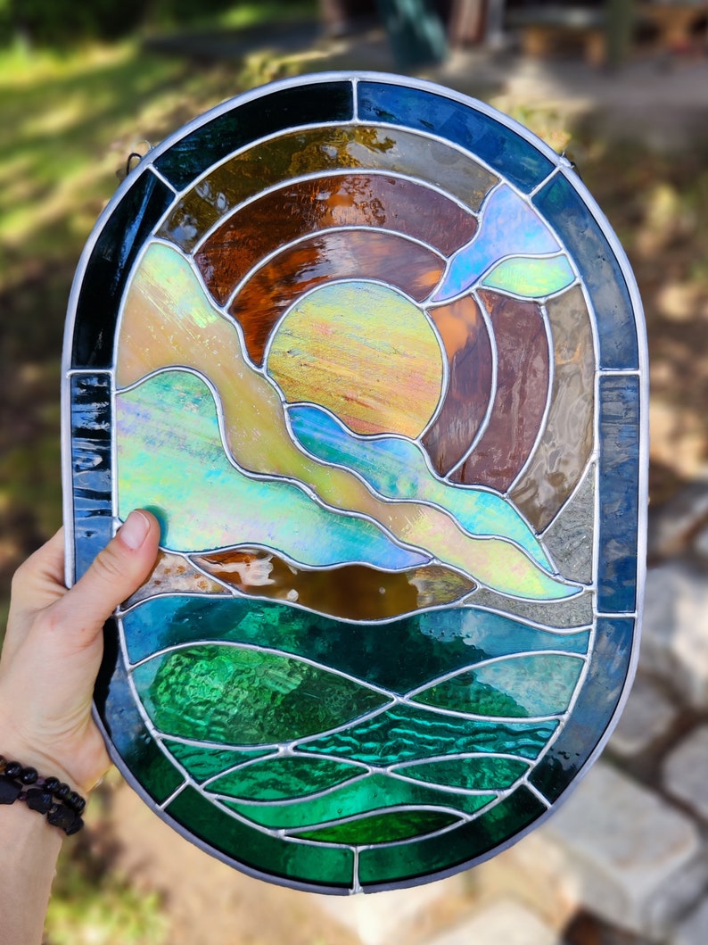 Modern Stained Glass Suncatcher With Ocean, Sun and Clouds, Iridescent ...