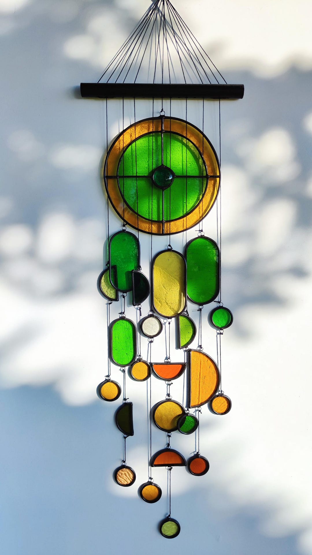 Modern Stained Glass Mobile, Amber Green & Yellow Suncatcher, Boho ...