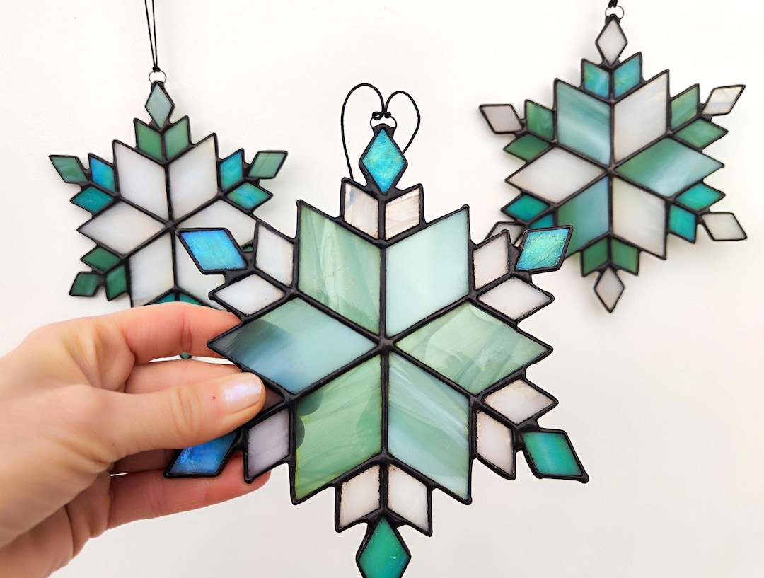 3 Modern Snowflake Stained Glass Suncatchers, Set of Iridescent Wall ...