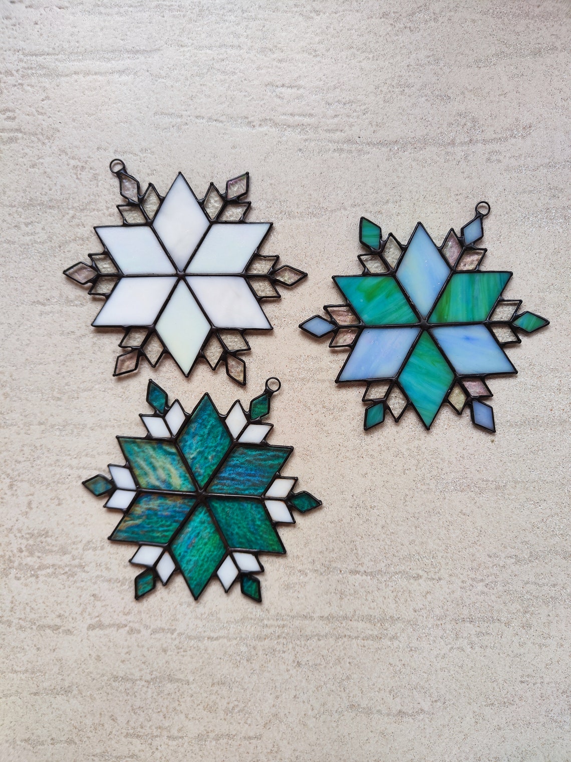 3 Modern Snowflake Stained Glass Suncatchers, Set of Iridescent Wall ...