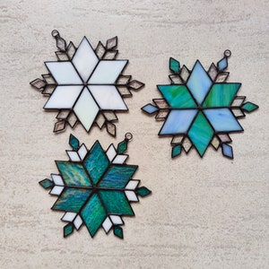 3 Modern Snowflake Stained Glass Suncatchers, Set of Iridescent Wall ...