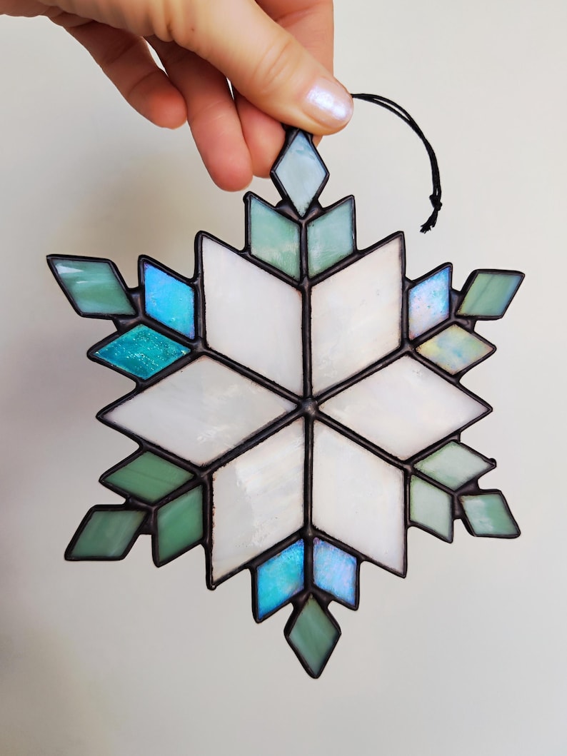 3 Modern Snowflake Stained Glass Suncatchers, Set of Iridescent ...