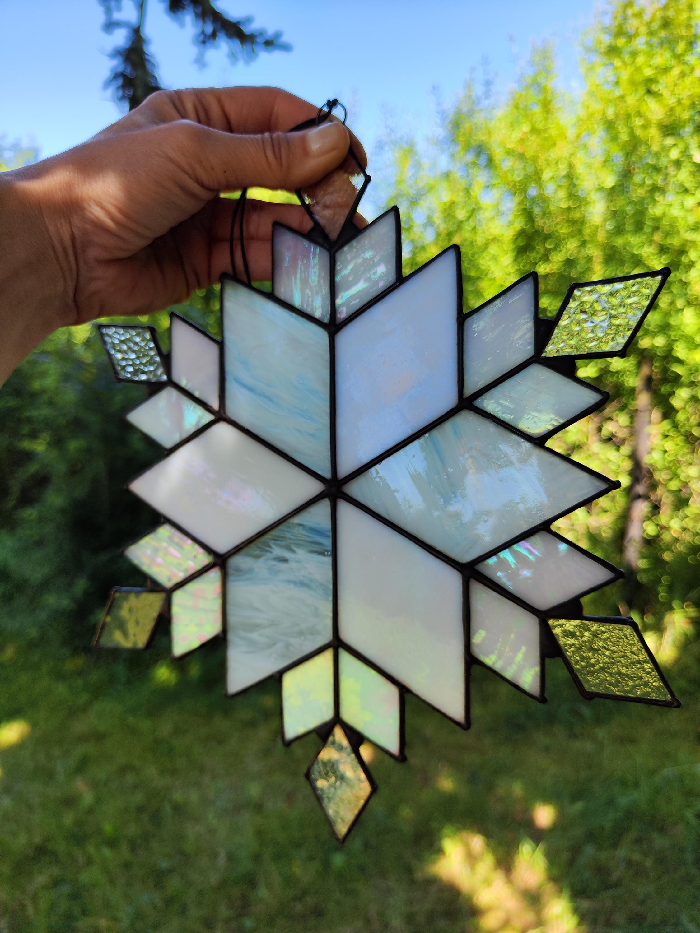 Stained Glass Snowflakes Set, 3 Iridescent Winter Suncatchers, Holiday ...