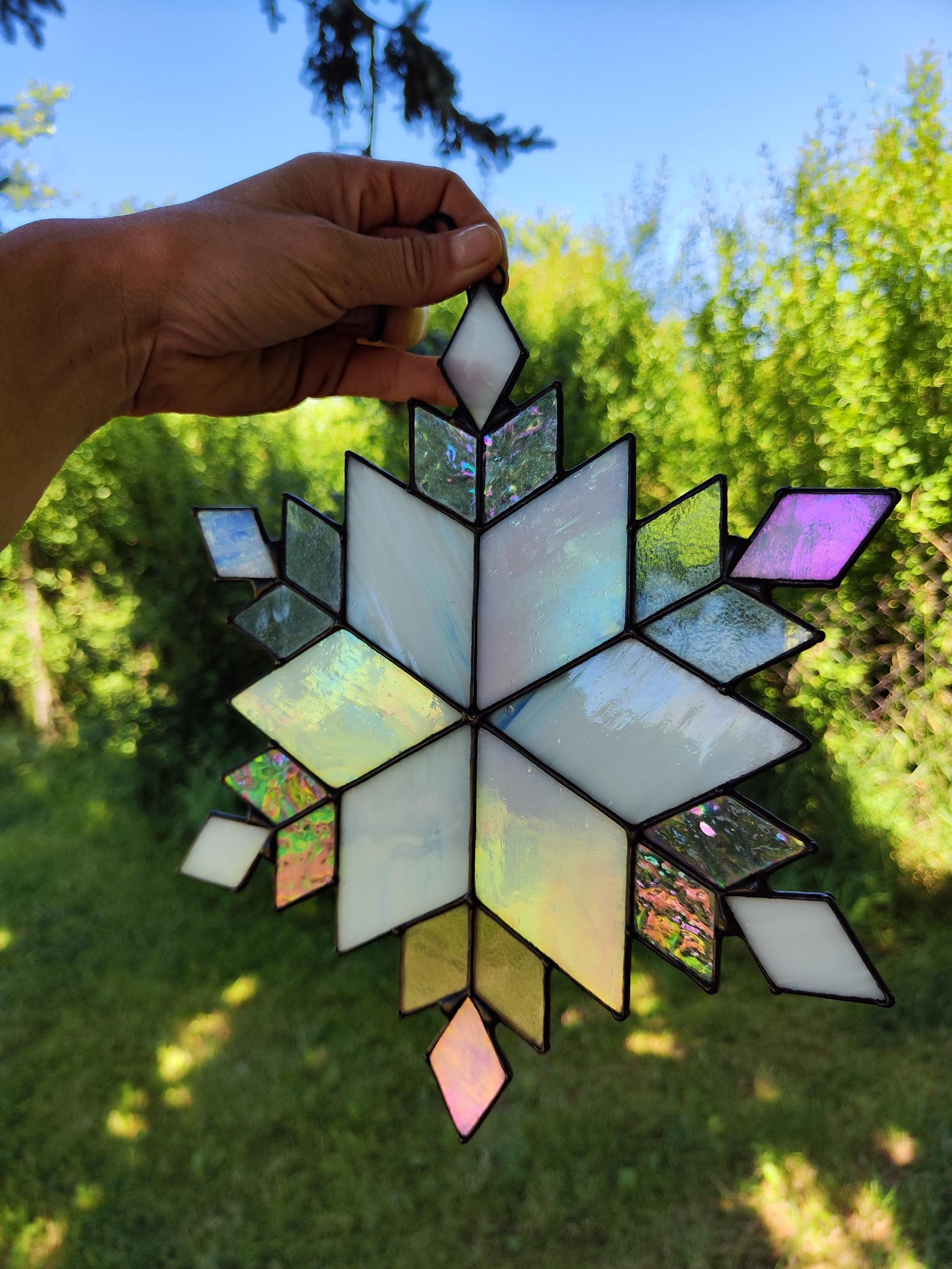 Stained Glass Snowflakes Set, 3 Iridescent Winter Suncatchers, Holiday ...