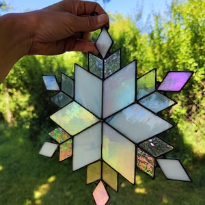 Stained Glass Snowflakes Set, 3 Iridescent Winter Suncatchers, Holiday ...