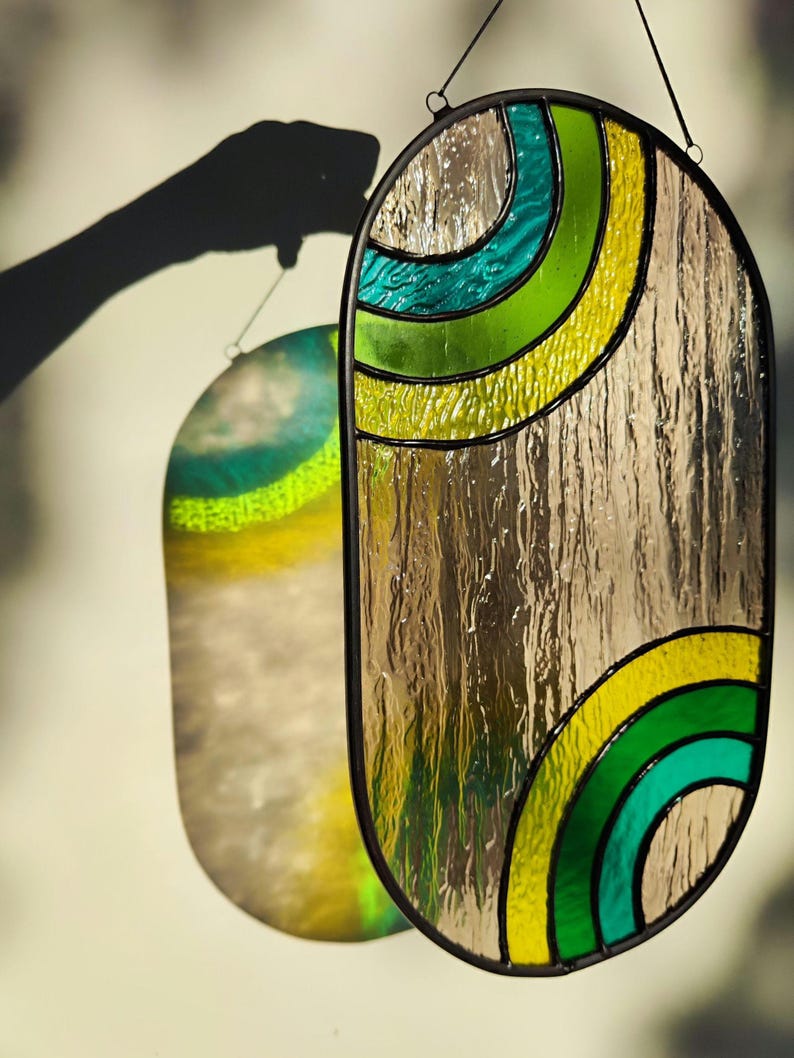 Modern Stained Glass Hanging, Suncatcher With Rainbow, Unique Abstract Home Decor, Elegant Lime ...