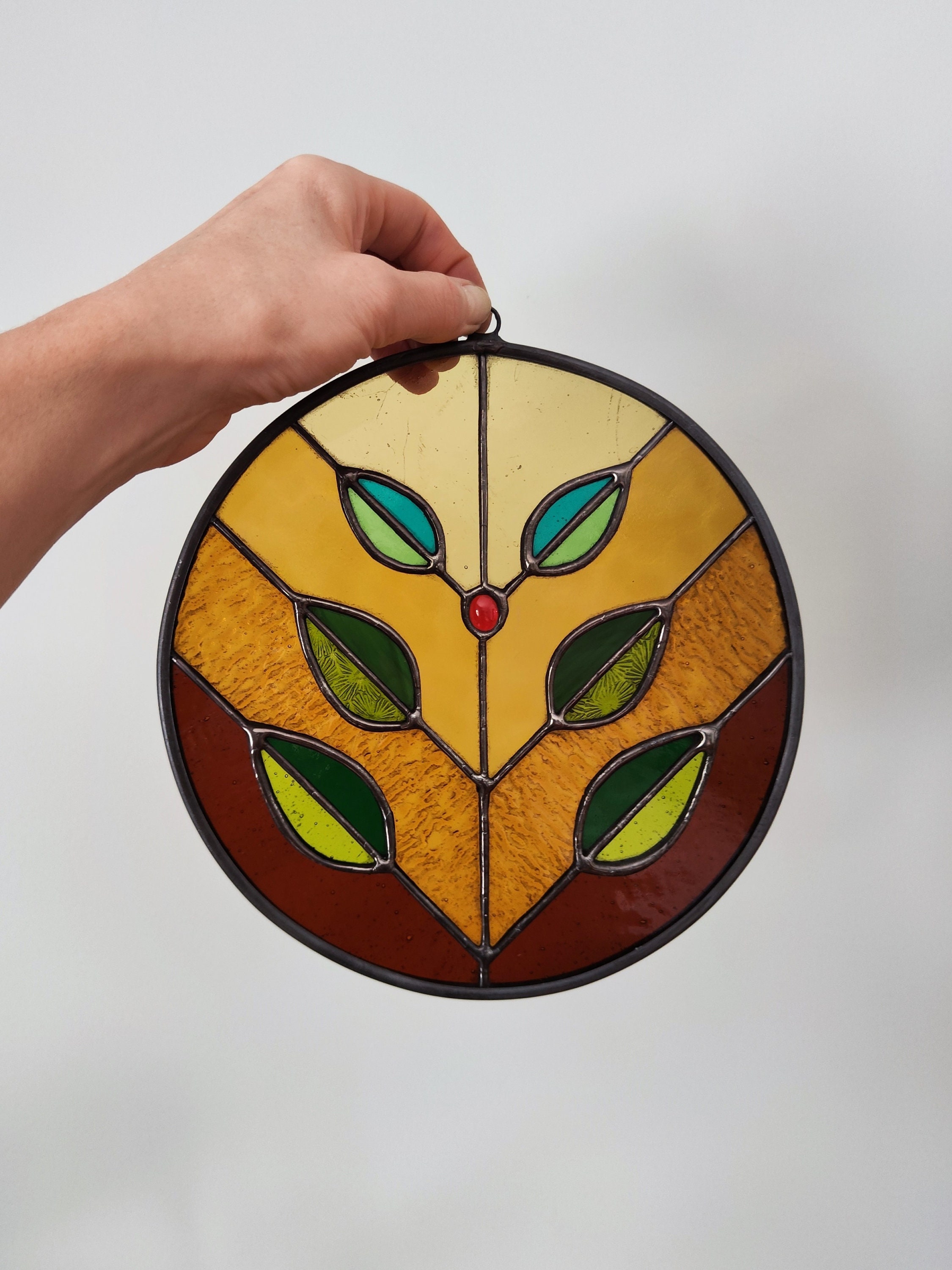 Modern Window Stained Glass Suncatcher, Nature Inspired Glass Panel ...